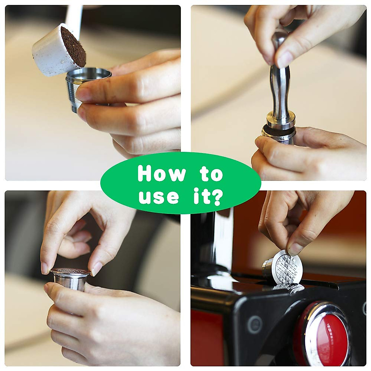 Maiju Compatible With Stainl Steel Coffee Capsule Reusable Refillable Coffee Capsule Cup Filter with Brush Spoon Powder-pr Ring, Square hole