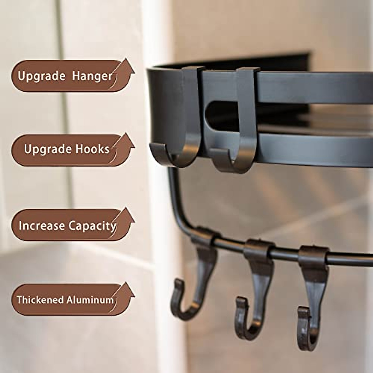 XQIGI Corner Bathroom Shower Shelf No Drill shower caddy Wall Mounted Shampoo Holder 2 Pack with Hooks Caddy Triangle Storage Shelves 2 Tier Bathroom organizer Kitchen Storage Basket (Black)