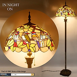 WERFACTORY Tiffany Floor Lamp Double Birds Amber Stained Glass Standing Reading Light 16X16X64 Inches Antique Pole Corner Lamp Decor Bedroom Living Room Home Office S805 Series
