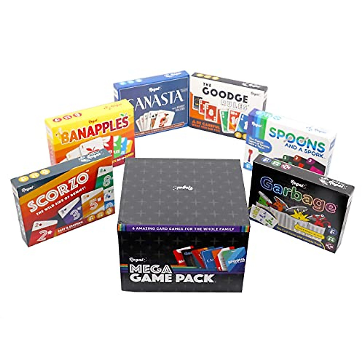 Regal Games Mega Card Family Game Pack with Canasta, Spoons and a Spork, Garbage, ScorZo, The Goodge Rules, and Banapples Decks