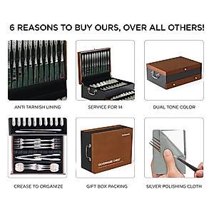 Silverware Storage Box Flatware Storage Case with Dual Tone Wooden Finish Drawer and Tarnish Proof Felt Lining to Store Sterling Silver Ware Cutlery Sets 15x11 Inch Size Service for 14