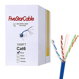 FiveStarCable Cat6 1000ft Twisted Pair 23AWG Solid UTP Network Ethernet Router Cable, 550Mhz, PVC RJ45 Wire Bulk Pull Box, Blue