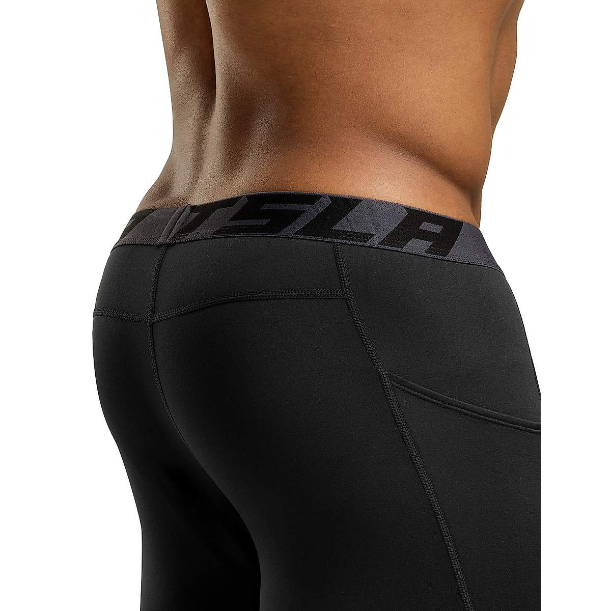 TSLA Men's Thermal Compression Pants, Athletic Sports Leggings & Running Tights, Wintergear Base Layer Bottoms, Pocket Black, Large