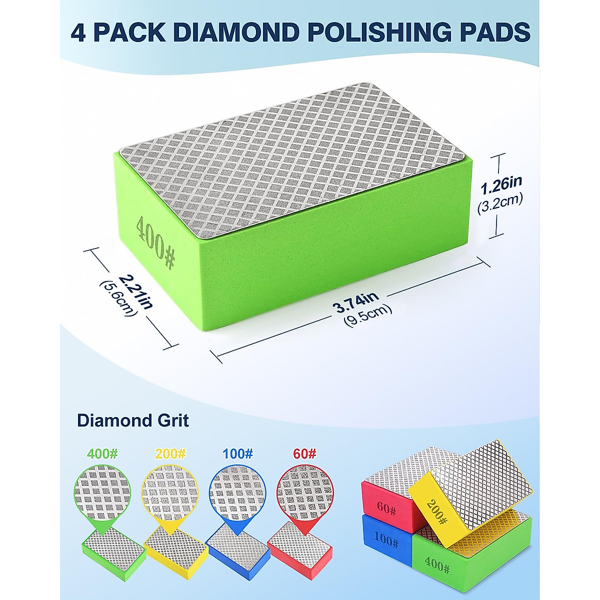 4 Pack Diamond Hand Polishing Pads, Diamond Sanding Pads Assortment, Diamond Sandpaper with High-Density Sponge, Diamond Polishing Pads, for Wood Tile Glass Stone(60/100/200/400 Grit)