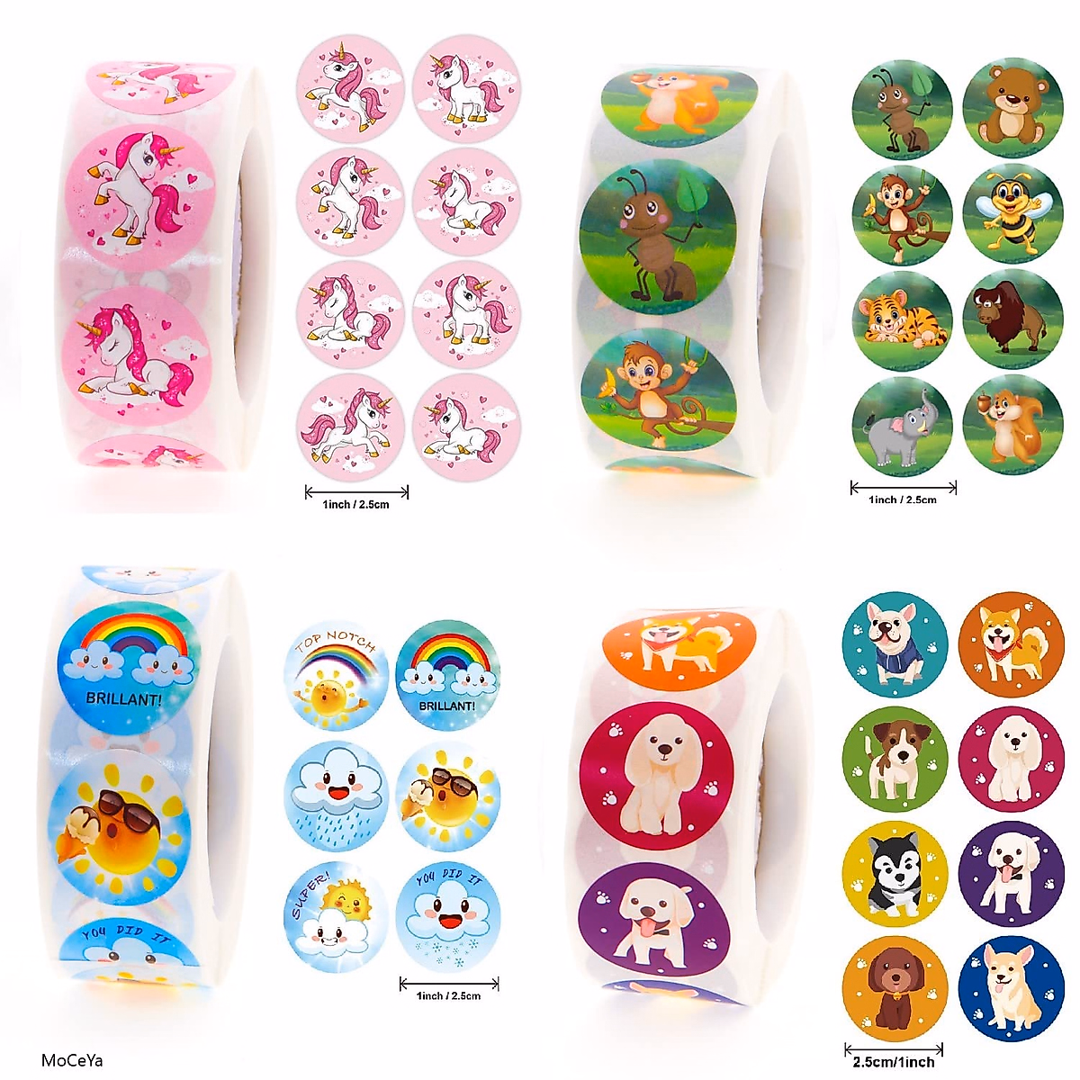 Kids Stickers Inspirational Stickers Rolls- 2000 Pcs MoCeYa Stickers for Kids Motivational Stickers for Toddler Weather Unicorn Pony Animal Dog 1" Diameter with Box