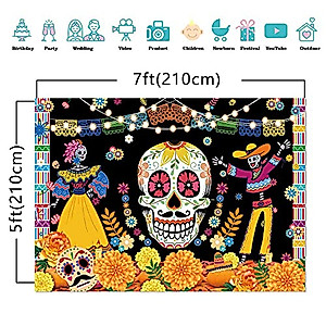 MAQTT 7x5ft Day of Death Backdrop for Mexican Fiesta Party Decoraion Dia DE Los Muertos Flowers and Sugar Skull Photography Backdrops Dress-up Party Supplies