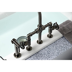 Kingston Brass KS2334RKX Webb Two-Handle 4-Hole Deck Mount Bridge Kitchen Faucet with Knurled Handle and Brass Side Sprayer in Black Stainless
