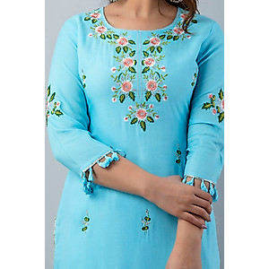JG Women's Ethnic Wear Collection Rayon Straight Embridered Kurti & Pant Set With Dupatta Readymade Salwar Suit For Women Casual Wear(Blue-XX-Large Size)