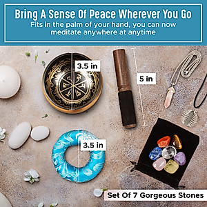 Tibetan Singing Bowl Set -Rose Quartz Pendant - 7 Chakra Crystal stones with Cage Necklace- For Meditation, Mindfulness, Yoga and Spiritual Healing and Energy Cleansing (3.5", Blue)