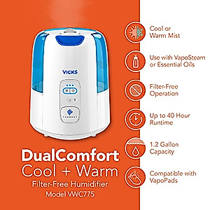 Vicks Dual Comfort – Cool + Warm Mist Humidifier (VWC775) – Warm and Cool Mist Humidifier with Fusion Mist Technology and Heated Medicine Cup, for Year-Round Use in Large Rooms