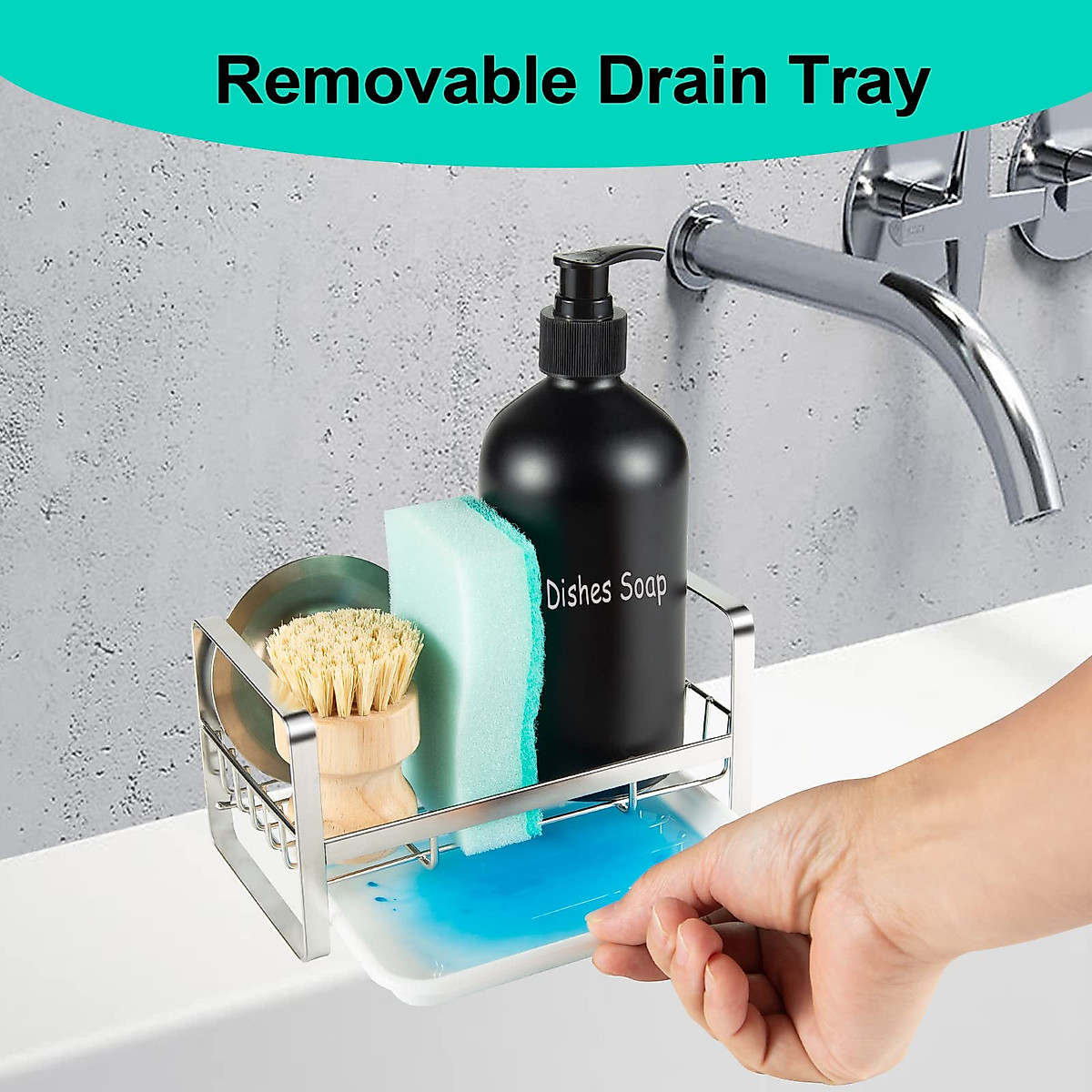 TEZZ Sponge Holder for Kitchen Sink- Stainless Steel Kitchen Storage Sink Caddy for Organizing Sponge, Brush & Dish Soap Dispenser, Kitchen Sink Organizer Rack with Adhesive or Counter top, Silver