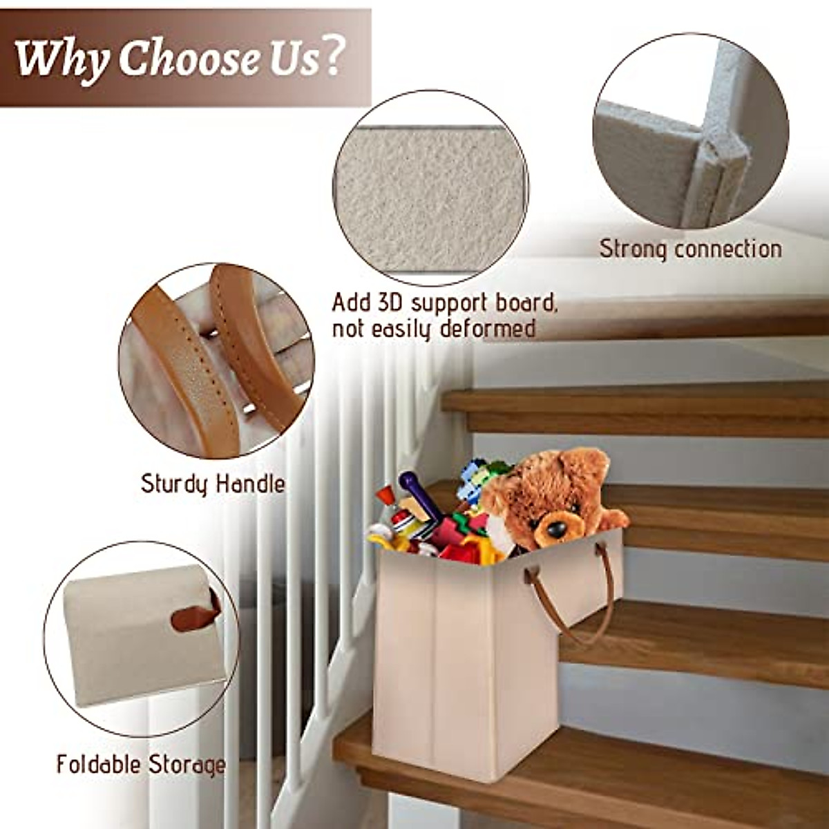 2 Pack Stair Basket with Handle, Foldable L-Shape Felt Storage Basket with 4 Pcs Supporting Insert for Carpeted Stairs, Large Staircase Organizer with Handle for Toys, Laundry, Household Items (Beige)
