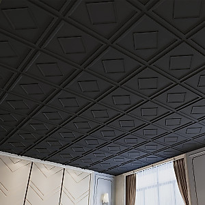 Art3d Decorative Drop Ceiling Tiles 2x2, Glue up Ceiling Panel Square in Black, Pack 12 Tiles