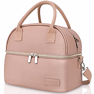 BALORAY Lunch Bag for Women Men, Double Deck Lunch Box for Adults, PU Leather Lunch Tote Bag Insulated Lunch Bags with Strap for Work Office Picnic (Pink)