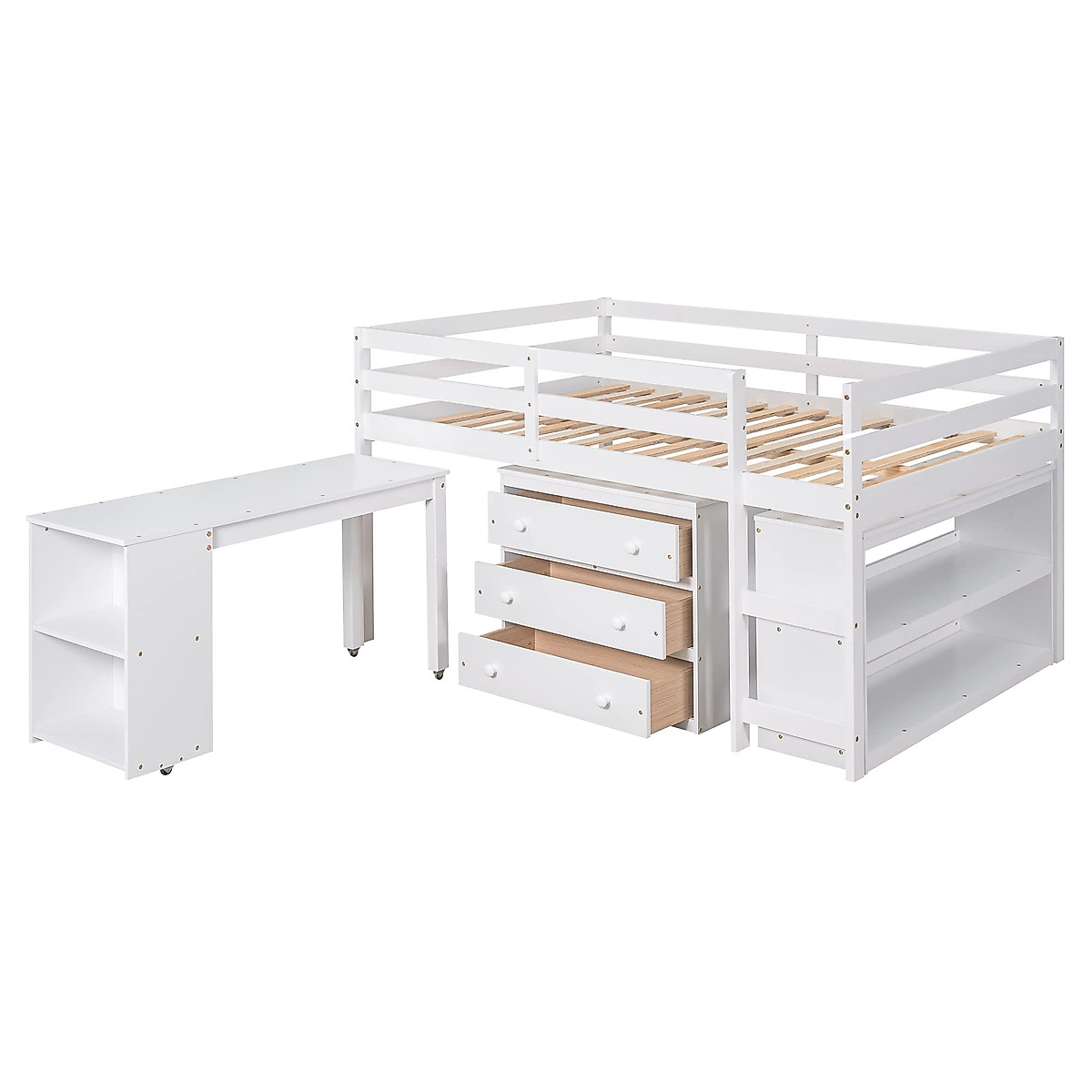 Low Full Loft Bed with Desk and Dresser Wood Kids Loft Beds Frame with Cabinet & Storage Shelves & Rolling Portable Desk for Juniors, Teen, Boys, Girls, Full Size,White