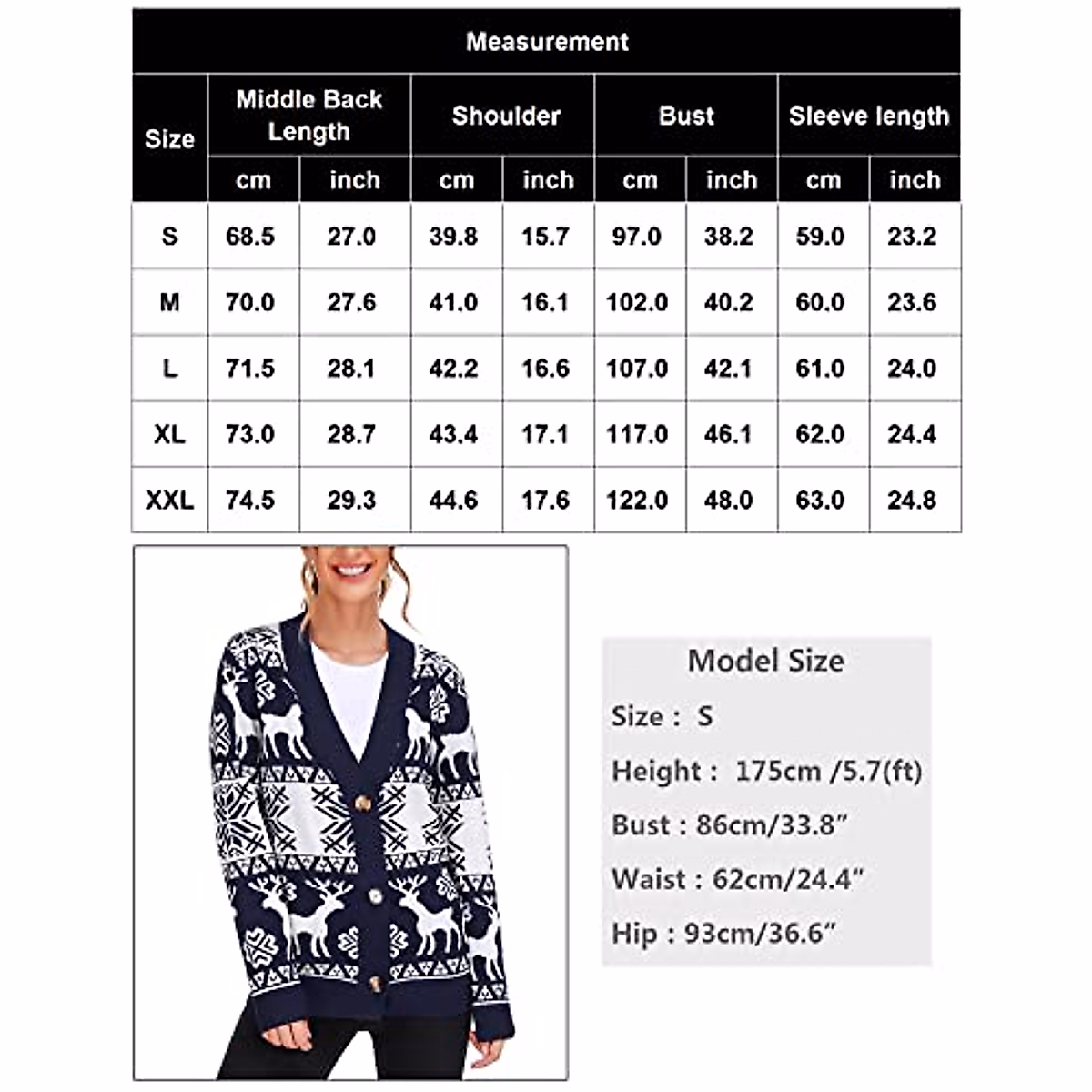 Cowasto Women's Reindeer Knitted Christmas Cardigan Sweater Comfy Button Up Casual Open Front Festive Sweaters Navy Blue X-Large