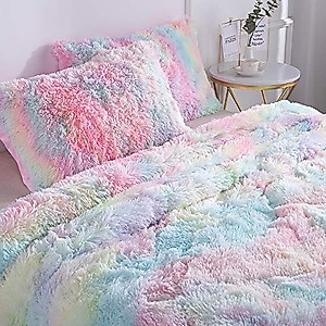 Wajade Faux Fur Plush Rainbow Comforter Set Fluffy Fuzzy Shaggy Bedding Set - 3PC Full Size Microfiber Soft Warm Quilt Set