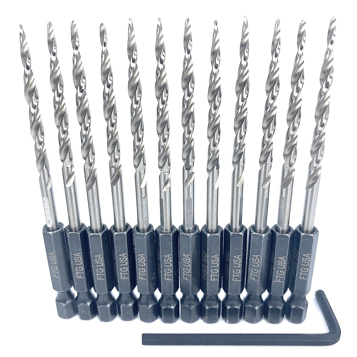FTG USA Countersink Drill Bit Set 4 Piece Same Size #6 (9/64") Countersink Drill Bit with 12 Replacement Tapered Countersink Bits #6 (9/64") 1 Depth Stop Collar, 2 Hex Wrench