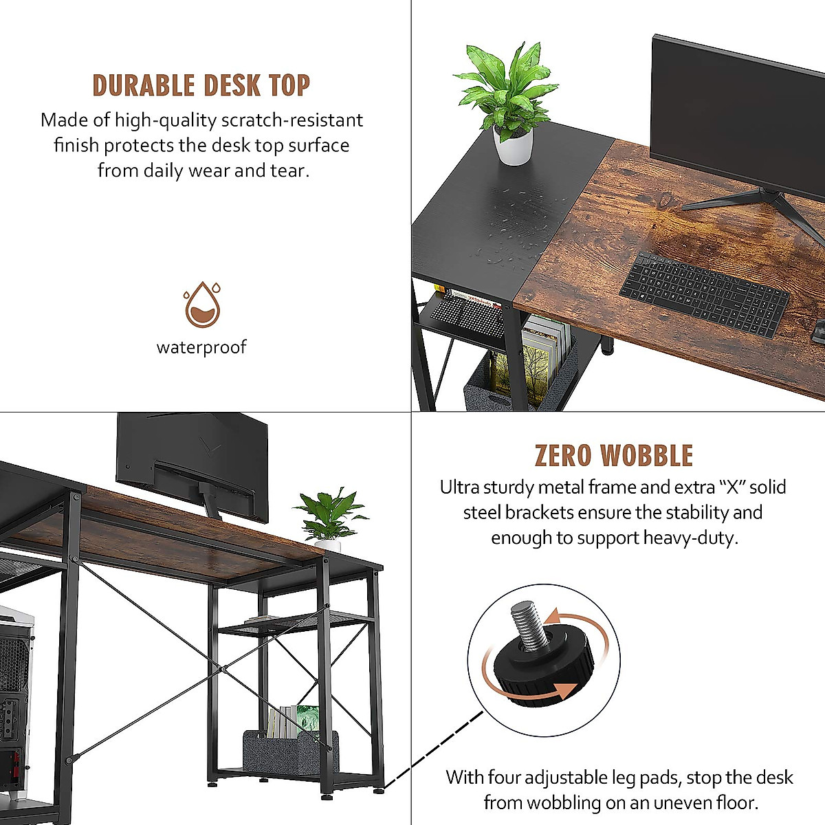 Foxemart Computer Desk 47" Office Desk with Storage Shelves, Industrial Student Study Writing Desk, Modern Work Desk for Home Office, Small Desk Gaming PC Table Workstation, Rustic and Black