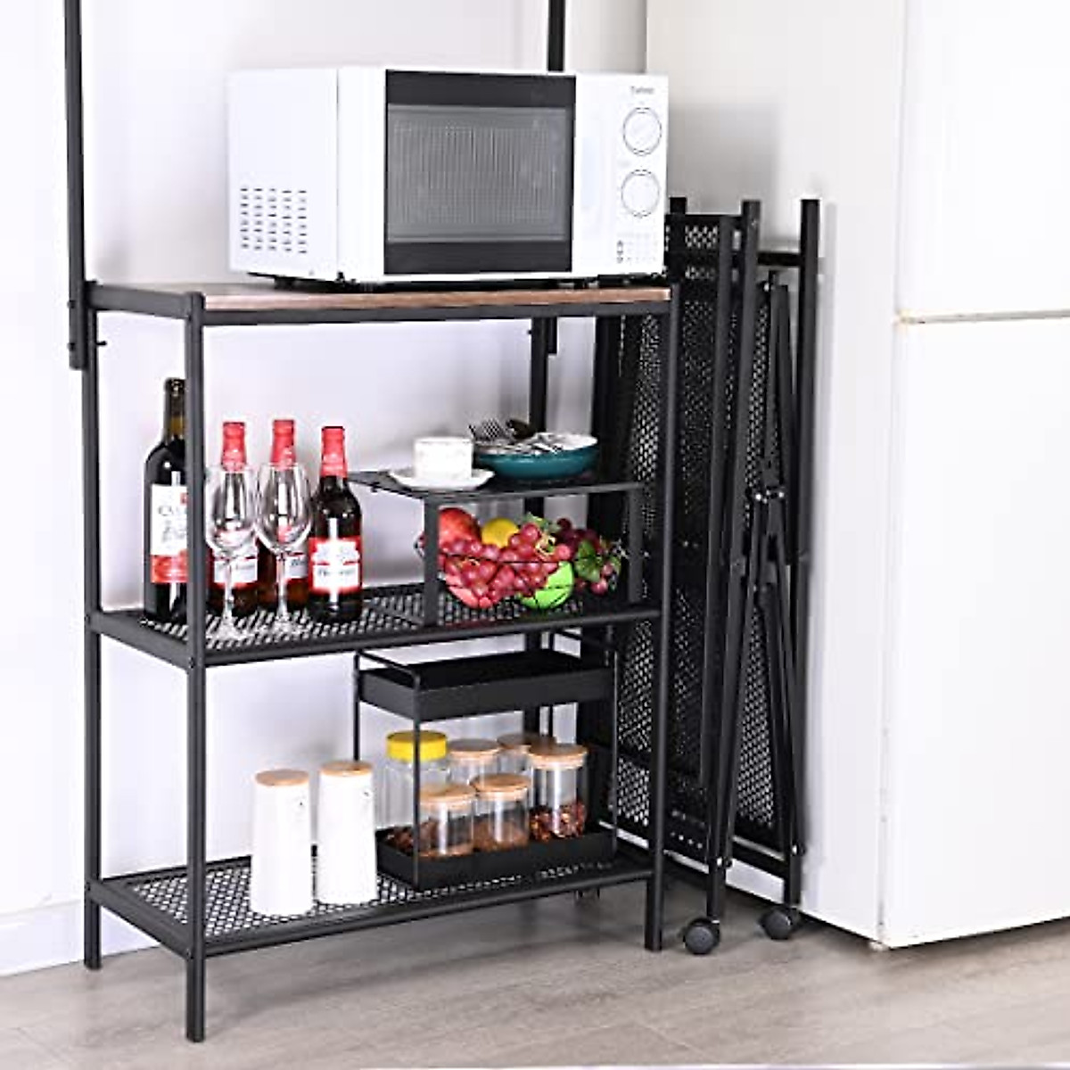RokiaTek 3-Shelf Foldable Storage Shelves with Wheels, Large Capacity Metal Standing Shelving Unit, No Assembly Heavy Duty Organizer Rack for Kitchen, Garage, Basement, Pantry, Matte Black