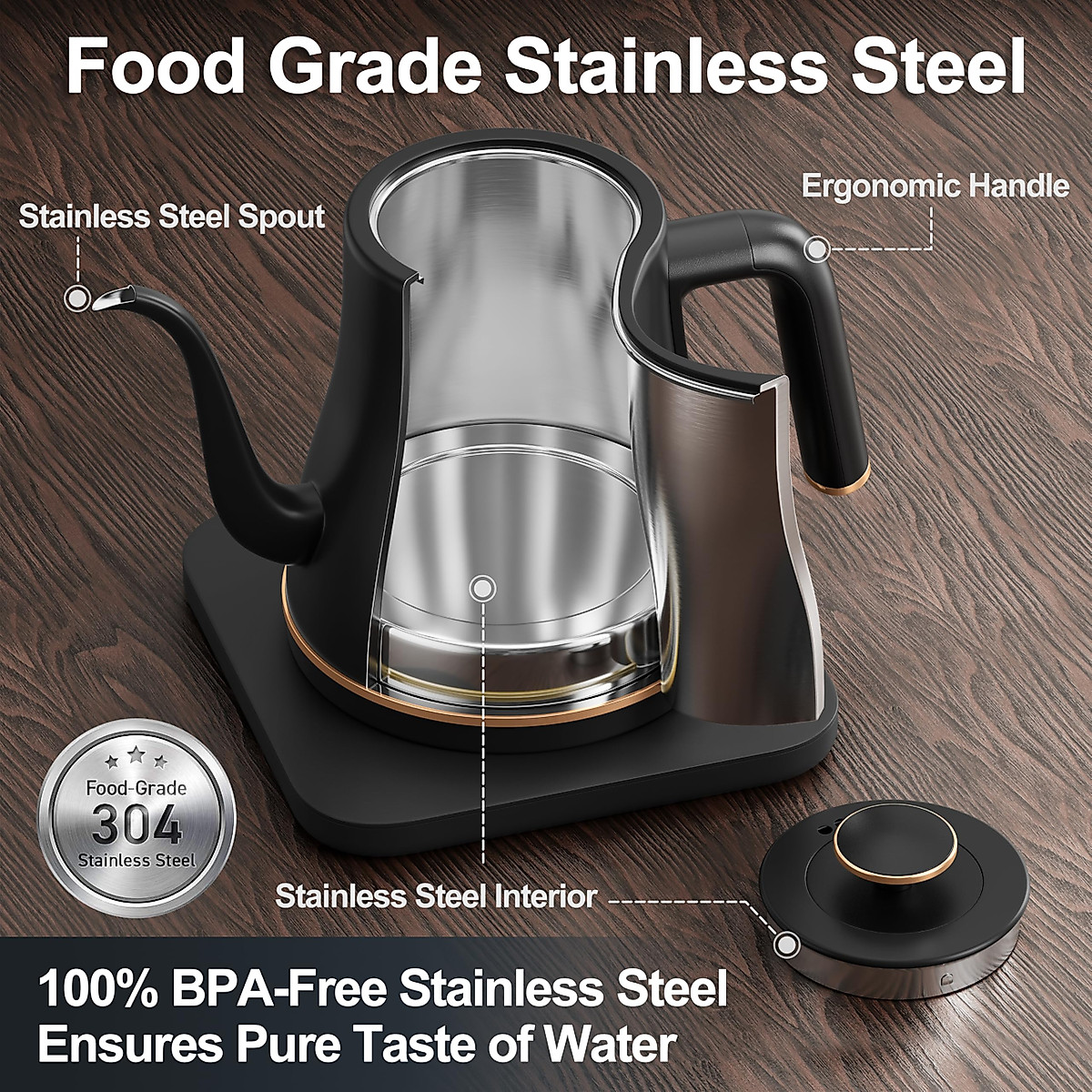 Stariver Gooseneck Electric Kettle, 0.8L Electric Tea Kettle Tea Pot, Pour Over Coffee Kettle with Stainless Steel Inner Lid & Bottom, Water Boiler with Auto Shut Off and Boil Dry Protection, Black