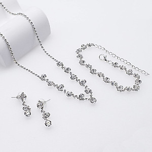UDYLGOON Crystal Necklace Earrings Bracelet Jewelry Set Bride Bridesmaid Wedding Prom Party (Silver)