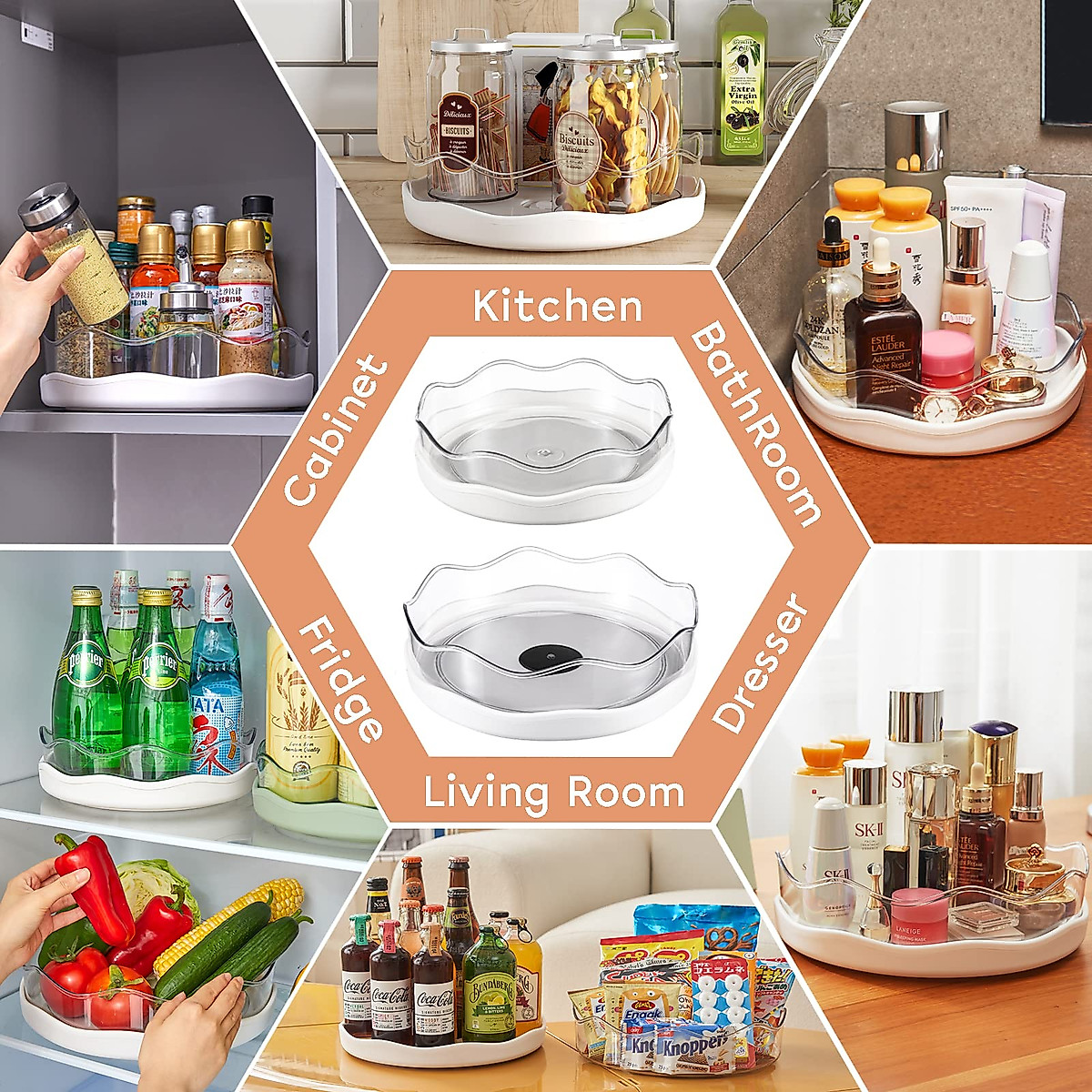 [2 Pack] Lazy Susan Organizer with Removable Bins, Non-Skid Rotating Spice Rack Organizer for Cabinet, Lazy Susan Turntable for Cabinet Fridge Kitchen Bathroom Makeup Organization, 9" & 11", White