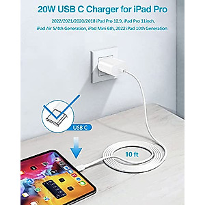20W USB C Fast Charger with 10ft USB C to C Charging Cord for 2022/2021/2020/2018 iPad Pro 12.9 Gen 6/5/4/3, iPad Pro 11 Gen 4/3/2/1, iPad Air 5th/4th Generation, iPad 10th Generation, iPad Mini 6th