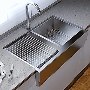 TRUSURE Farmhouse Double Bowl Stainless Steel Kitchen Sink, 33” Apron-Front 50/50, Corrosion Resistant, with Drain Filters, Bottom Grid, Roll-Up Dish Rack, Plywood and Brush Set