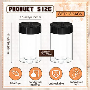 Uiifan 18 Pack 10 oz large plastic Spice Jars with Black Lids Clear and Safe Spice Bottles with Black PVC Labels Plastic Containers with Shaker Lids for Kitchen Storing Salt Herbs Seasoning Powders