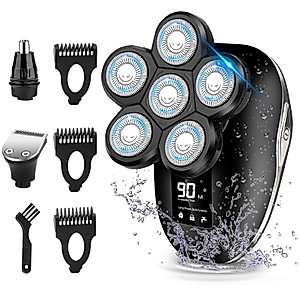 Electric Head Shaver for Bald Men, 6 in 1 Mens Electric Head Razor Bald Head Shaver Cordless Electric Razor Men, IPX7 Wet/Dry Waterproof Men's Rotary with Head Shavers Kit LED Display Silver