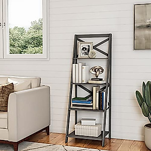 Lavish Home 4-Tier Ladder Bookshelf - Freestanding Shelved Bookcase with X-Back Frame and Leaning Look - Display Shelves for Home and Office (Gray)