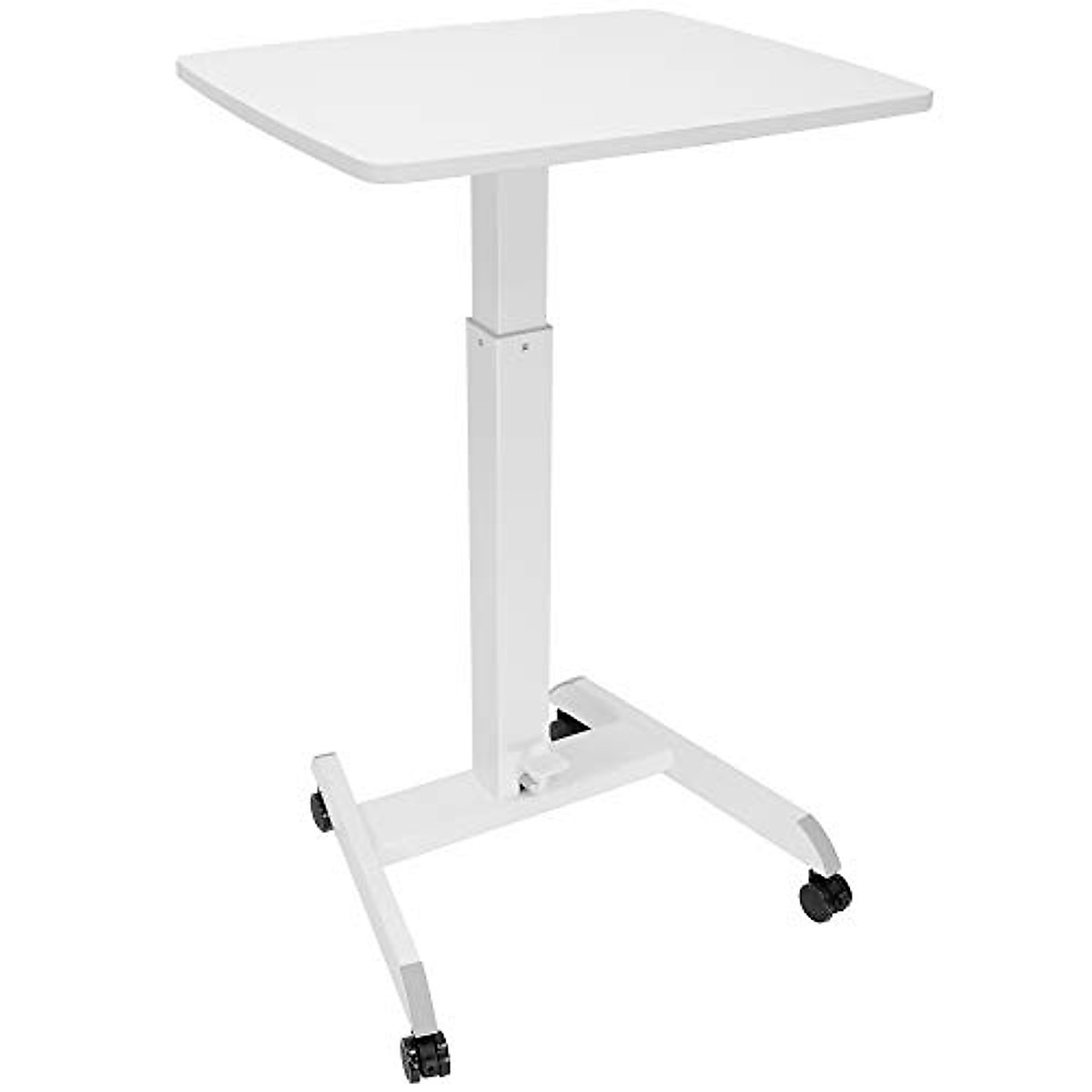 Mount-It! Adjustable Rolling Laptop Desk with Wheels [23.6" x 20.5"] Sit Stand Mobile Workstation Cart with Pneumatic Spring Lift for Height Adjustment, Rolling Computer Table, Foot Pedal (White)