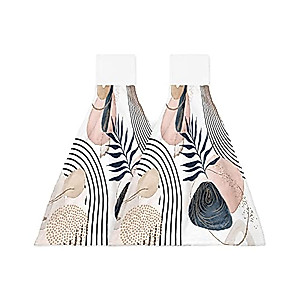2 Pcs Hanging Towels Abstract Art Navy Blue Pink Geometry Palm Tree Bohemia Hand Towels Dish Towel for Kitchen Bathroom Absorbent Tie Towels Tea Bar Towels with Loop