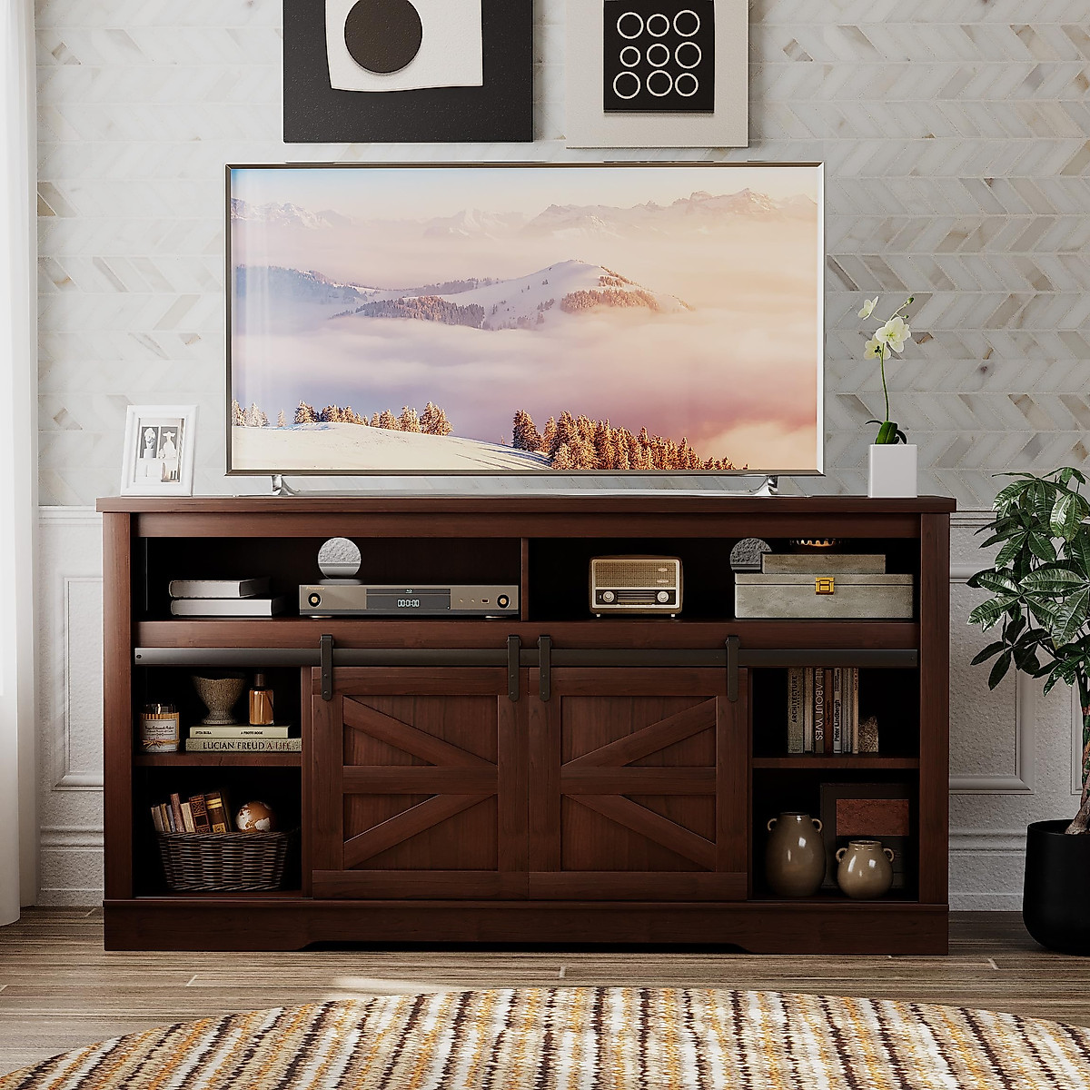 JUMMICO Fireplace TV Stand for 65+ Inch TV with 26'' Fireplace Entertainment Center with Storage Cabinet and Adjustable Shelves, Media Console with Sliding Barn Door for Living Room (Brown)