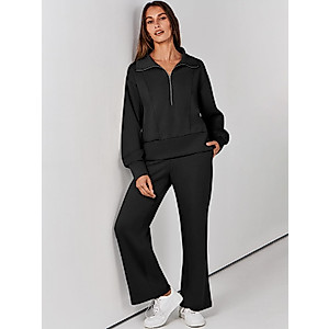 ANRABESS Womens Two Piece Outfits 2024 Fall Sweatsuit Set Half Zip Cropped Sweatshirt Wide Leg Sweatpant Lounge Set Black Medium