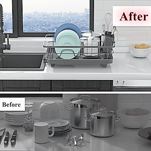 Sakugi Dish Drying Rack - Compact Dish Rack for Kitchen Counter with a Cutlery Holder, Durable Stainless Steel Kitchen Dish Rack for Various Tableware, Dish Drying Rack with Easy Installation, Grey