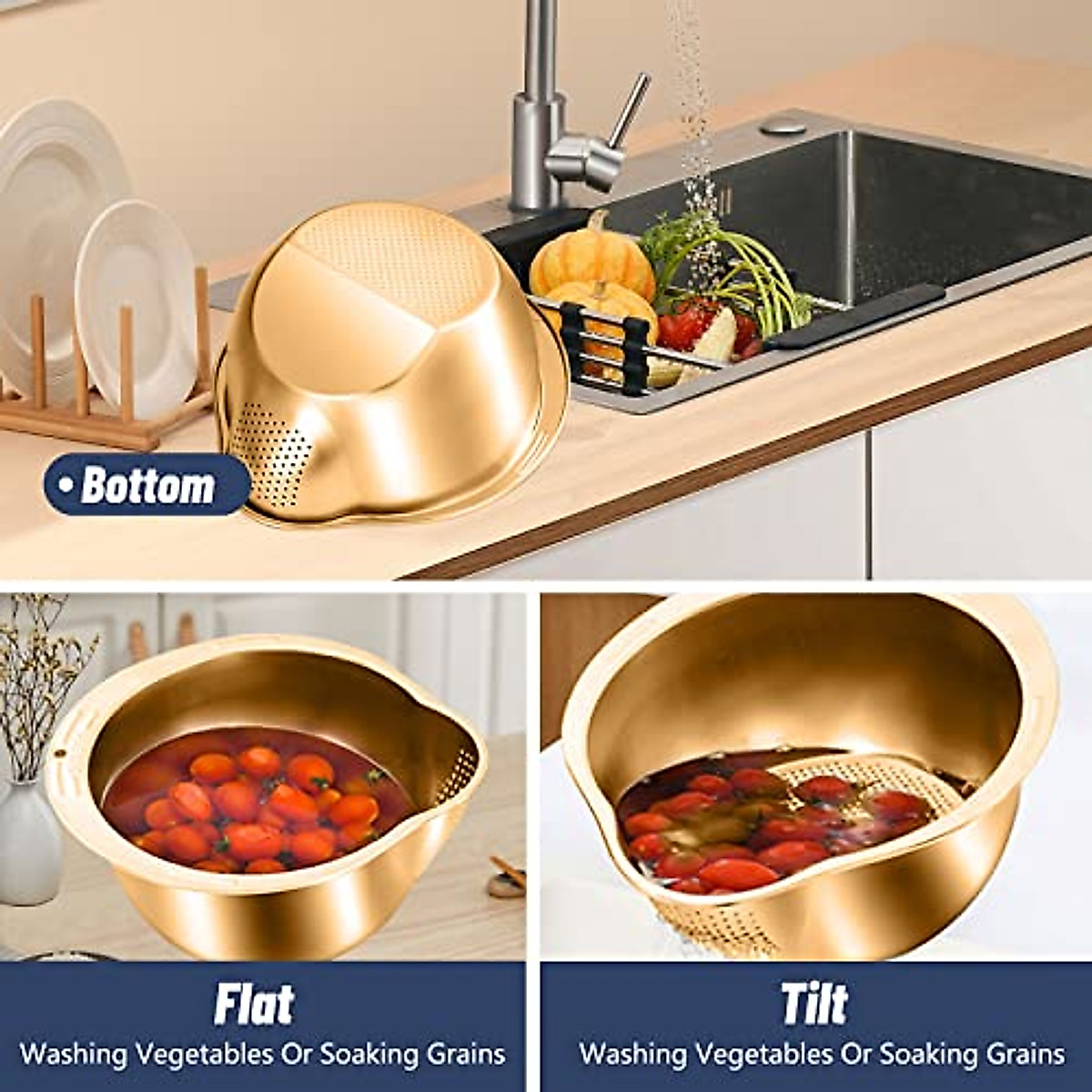 2pcs Multifunctional Drain Basin And Vegetable Washing Basin, Rice Washing Bowl with Strainer, Stainless Steel Side Drainers for Fruits, Vegetables and Beans Versatile Kitchen Tool (Gold)