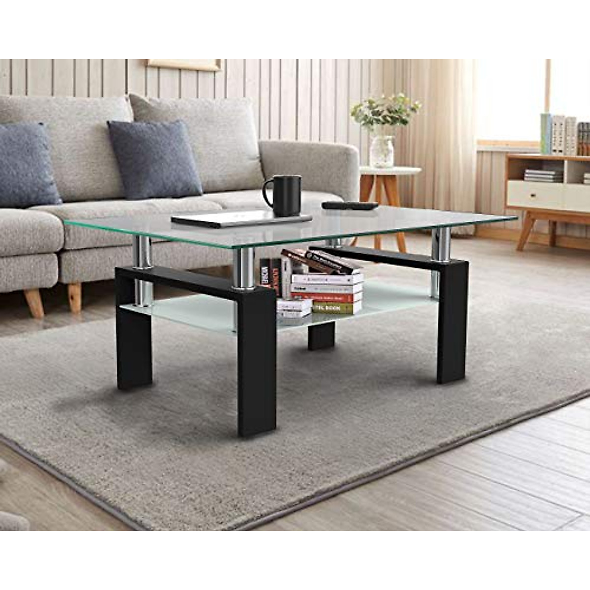 IANIYA Coffee Table with Metal Tube Legs, Glass and Rectangle End Table for Livingroom (Black)