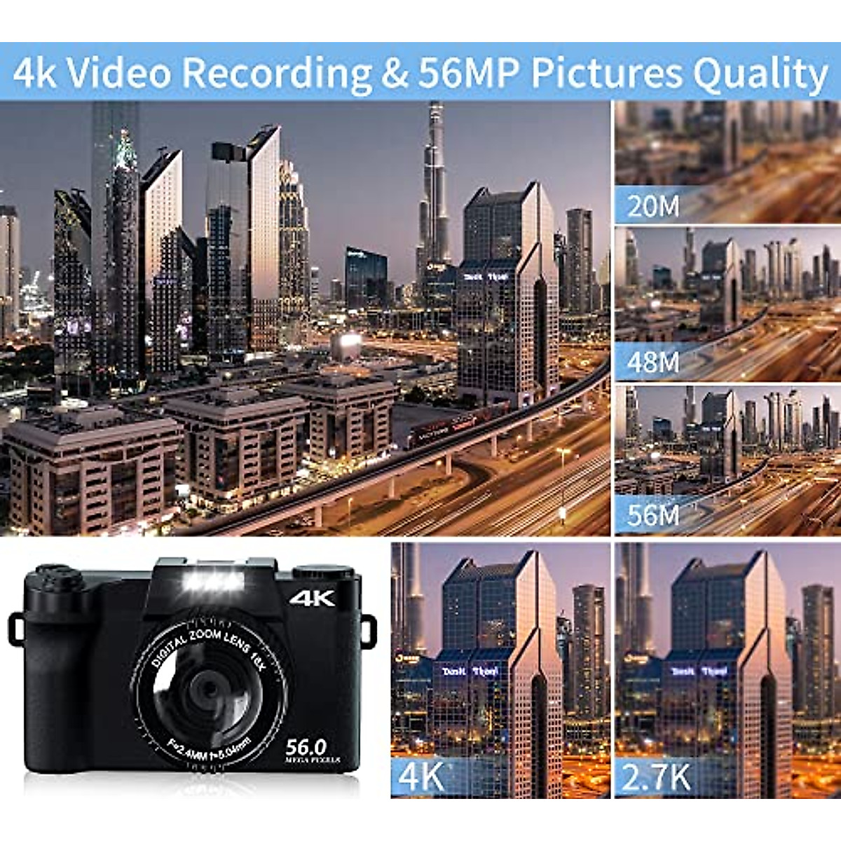 Saneen Digital Camera, 4K & 56MP Cameras for Photography, Small & Compact Vlogging Video Camera for Teens, Kids, Beginners, Equipped with 16X Digital Zoom, 32GB SD Card & 2 Rechargeable Batteries