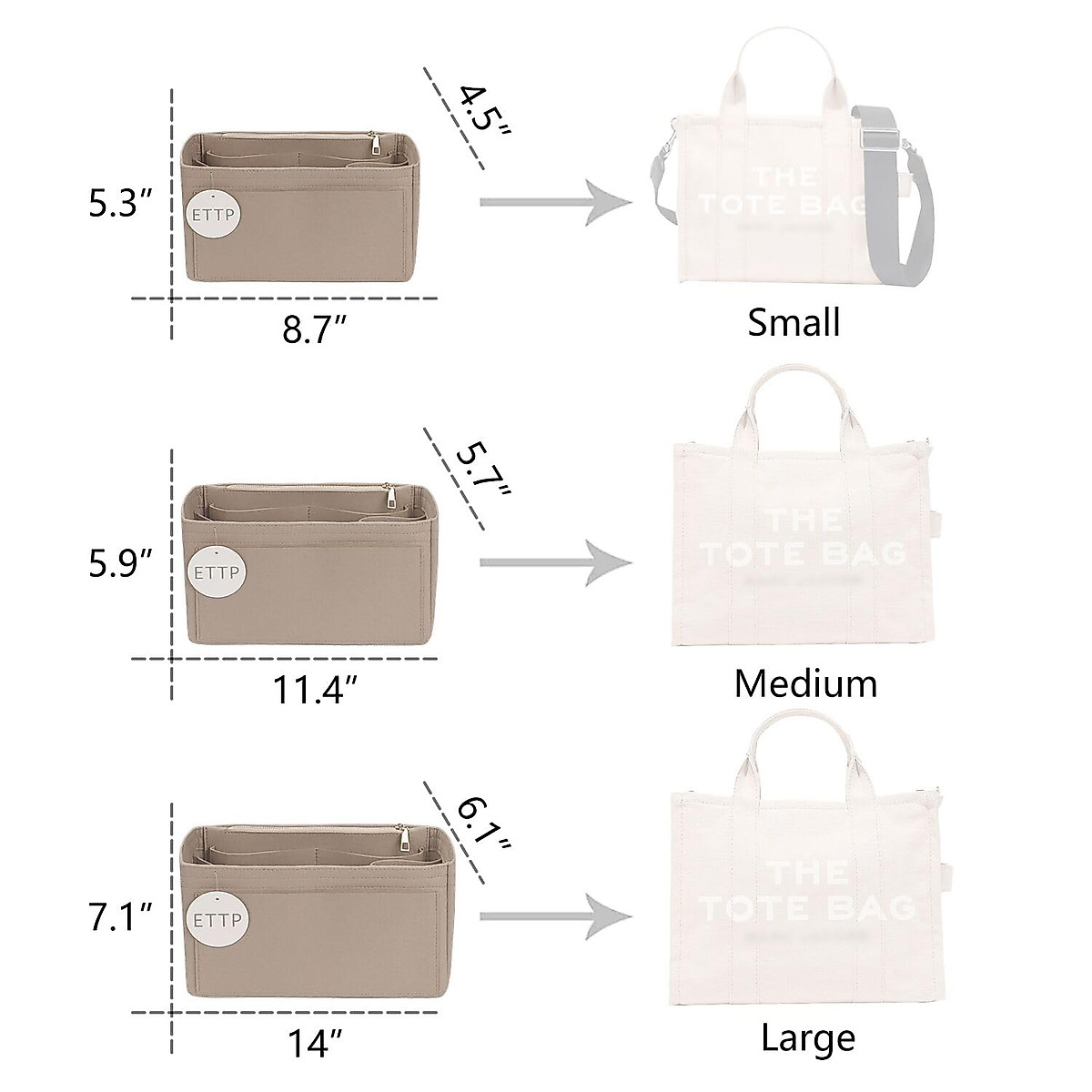 ETTP Purse Organizer Insert For Handbags, Tote Bag Organizer Insert, Compatible with MJ Tote and Onthego (Small, Beige)
