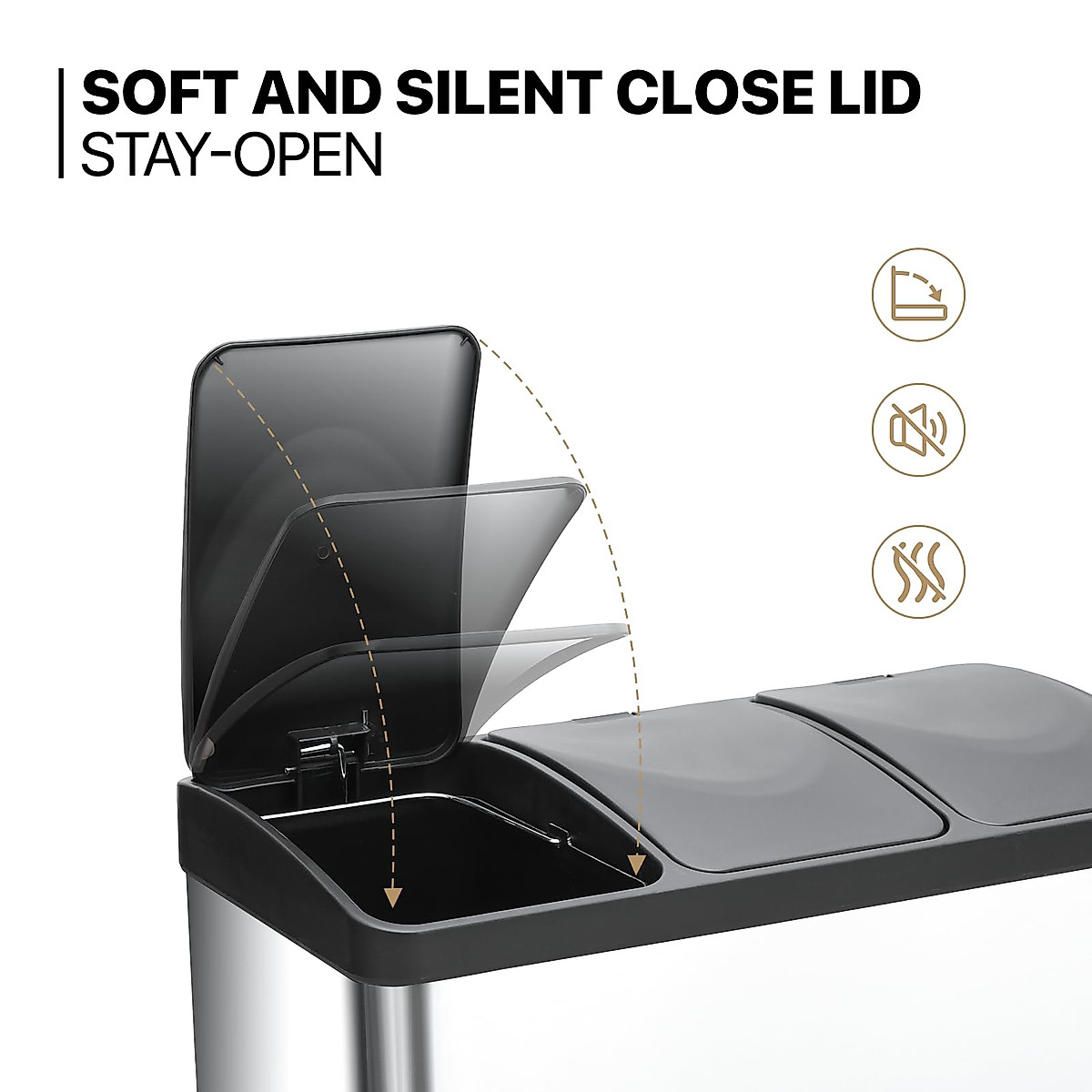 MoNiBloom 3-Compartment Step Trash Can with Soft-Close Lid for Kitchen Bathroom Bedroom Living Room Home Office Dorm Rectangular Fingerprint-Proof Foot Pedal Garbage Bin Stainless Steel 45-Liter