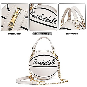 OHIW Women's basketball shoulder bag Messenger Bag handbag mini round bag PU bag, Zipper closure, suitable for women (white)