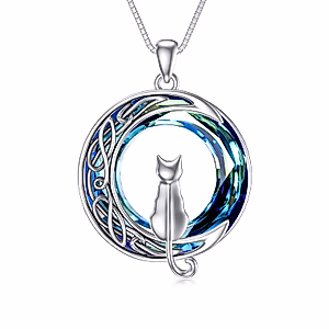 TOUPOP Cat Gifts for Cat Lovers Sterling Silver Celtic Cat on the Moon Pendant Necklace with Blue Circle Crystal Birthday Christmas Jewelry Gifts for Women Teen Girls