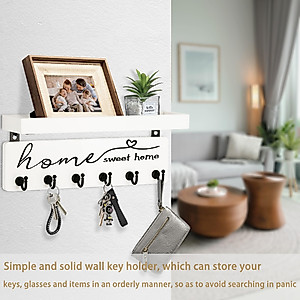 Ikviier Key Holder for Wall Decorative Made of Pine, Key Rack for Wall with Shelf, Key Hook for Wall with 6 Metal Hooks, Farmhouse Mail and Key Holder for Wall (C-White 02)