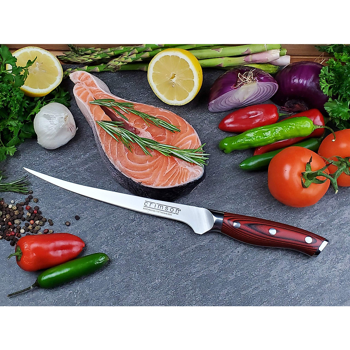 Ergo Chef Crimson Series 7.5" Flexible Fillet Knife – Forged High Carbon X50CrMoV15 German Stainless Steel - G10 Handle