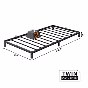 coucheta Twin Size Bed Frame, 6-inch Metal Low Platform Bed Frame, Twin Size Bed Frame with Metal Slat Support, Mattress Foundation, No Box Spring Needed, Noiseless Design