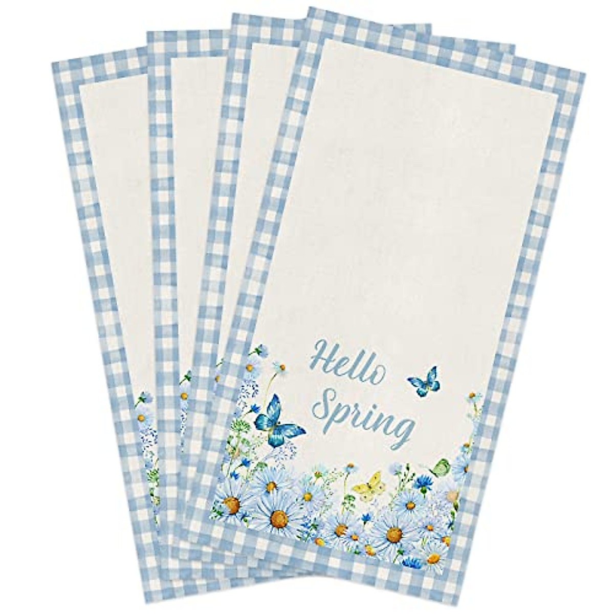 Aomike Kitchen Towels Set of 4, Hello Spring Country Daisy Butterfly Retro Blue Plaid Dish Towels Absorbent Soft Kitchen Hand Towels Tea Towels for House Cleaning and Decorate, 18" x 28"