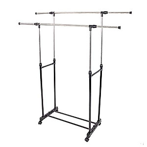 Vasitelan Standard 2 Double Rod Clothing Metal Garment Rack for Hanging Clothes, Rolling Clothes Organizer on Lockable Wheels Mobile (Style 2)