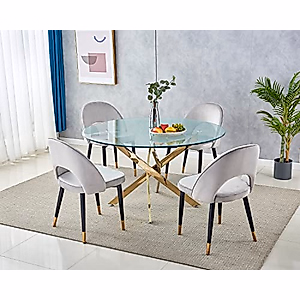 Binrrio 39" Round Dining Table, Modern Clear Beveled Edges Glass Top for 4 with Adjustable Stainless Steel Legs for Home Office Kitchen Dining Room (Gold)